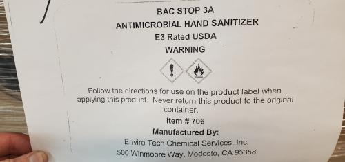 Pallet of BAC STOP 3A Antimicrobial Hand Sanitizer. 30 boxes, 16 ...