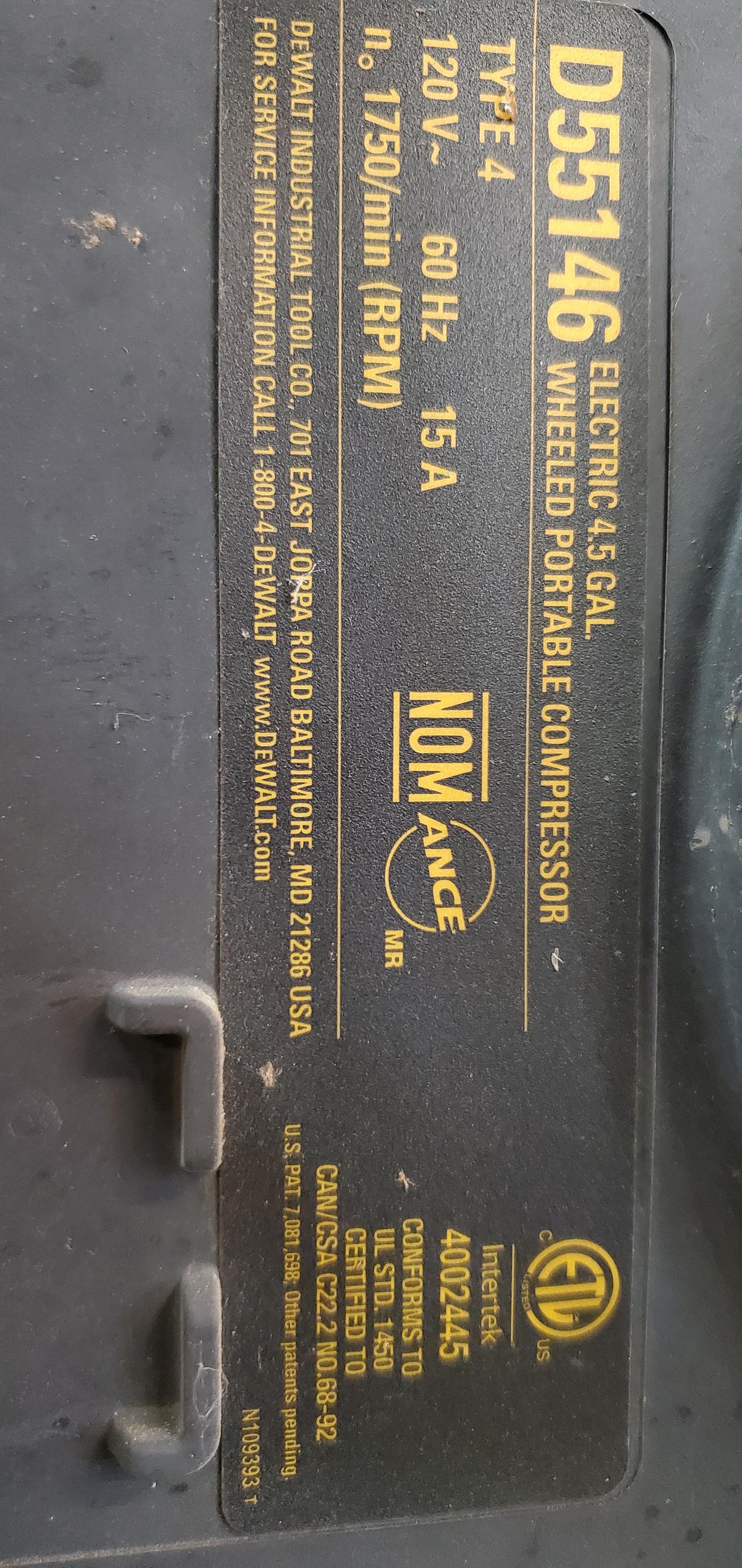Used Dewalt D55146 Air Compressor- Motor Runs